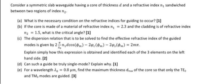 Solved Consider a symmetric slab waveguide having a core of | Chegg.com