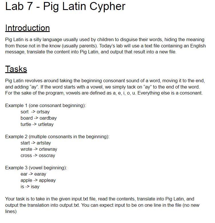 Solved Introduction Pig Latin is a silly language usually | Chegg.com