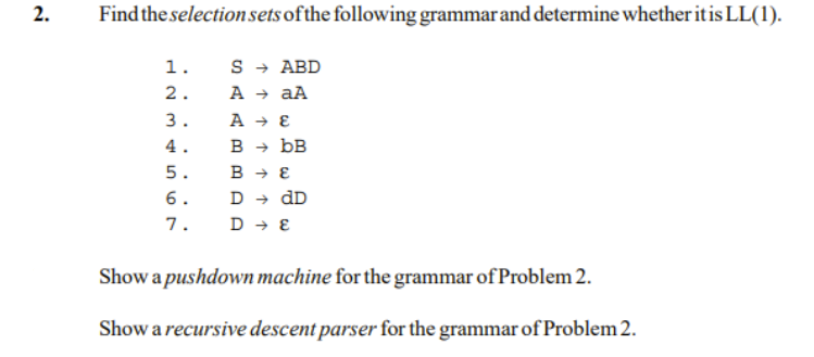 Solved 2. Find the selection sets of the following grammar | Chegg.com