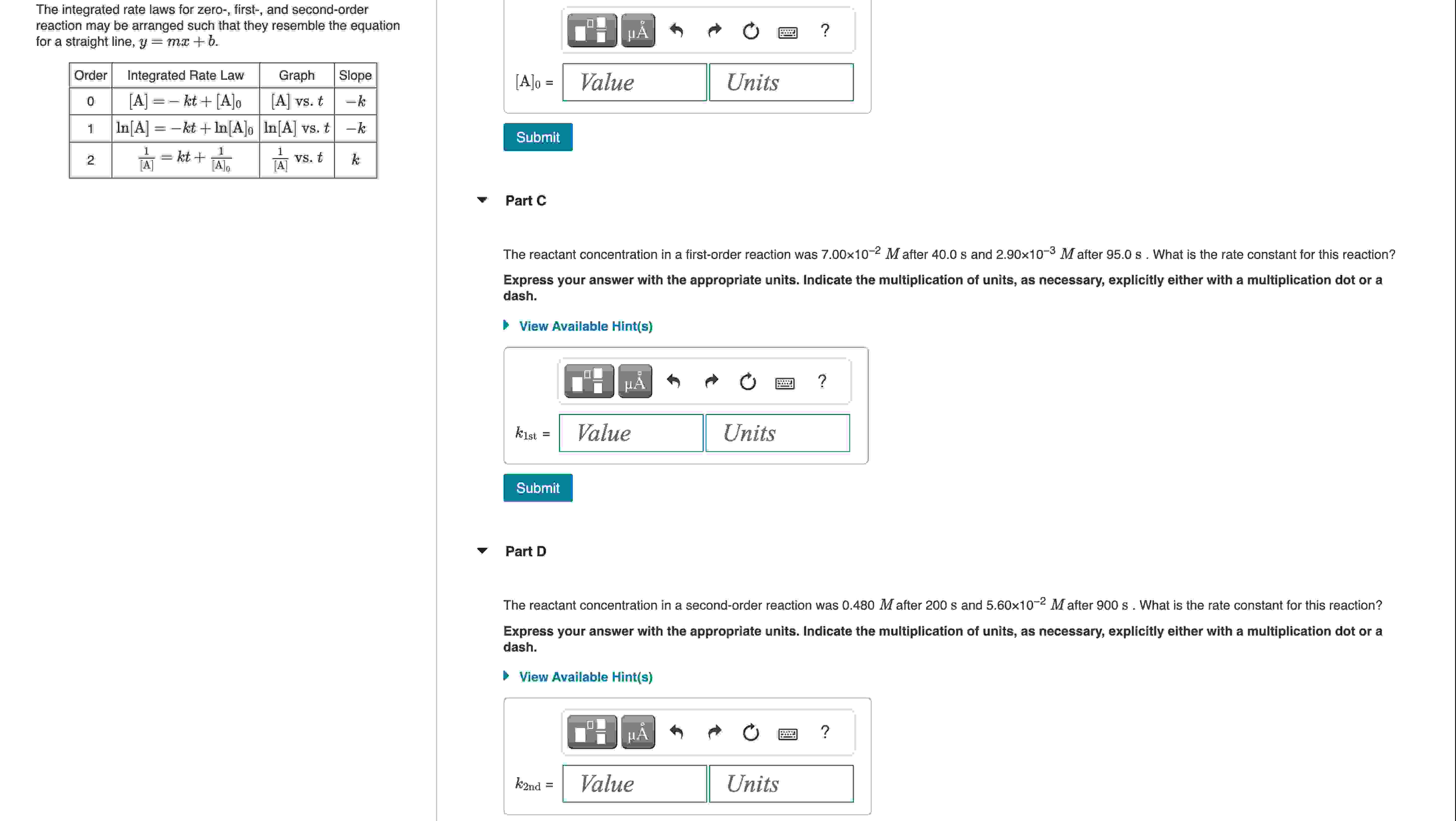 Solved The integrated rate laws for zero-, ﻿first-, ﻿and | Chegg.com