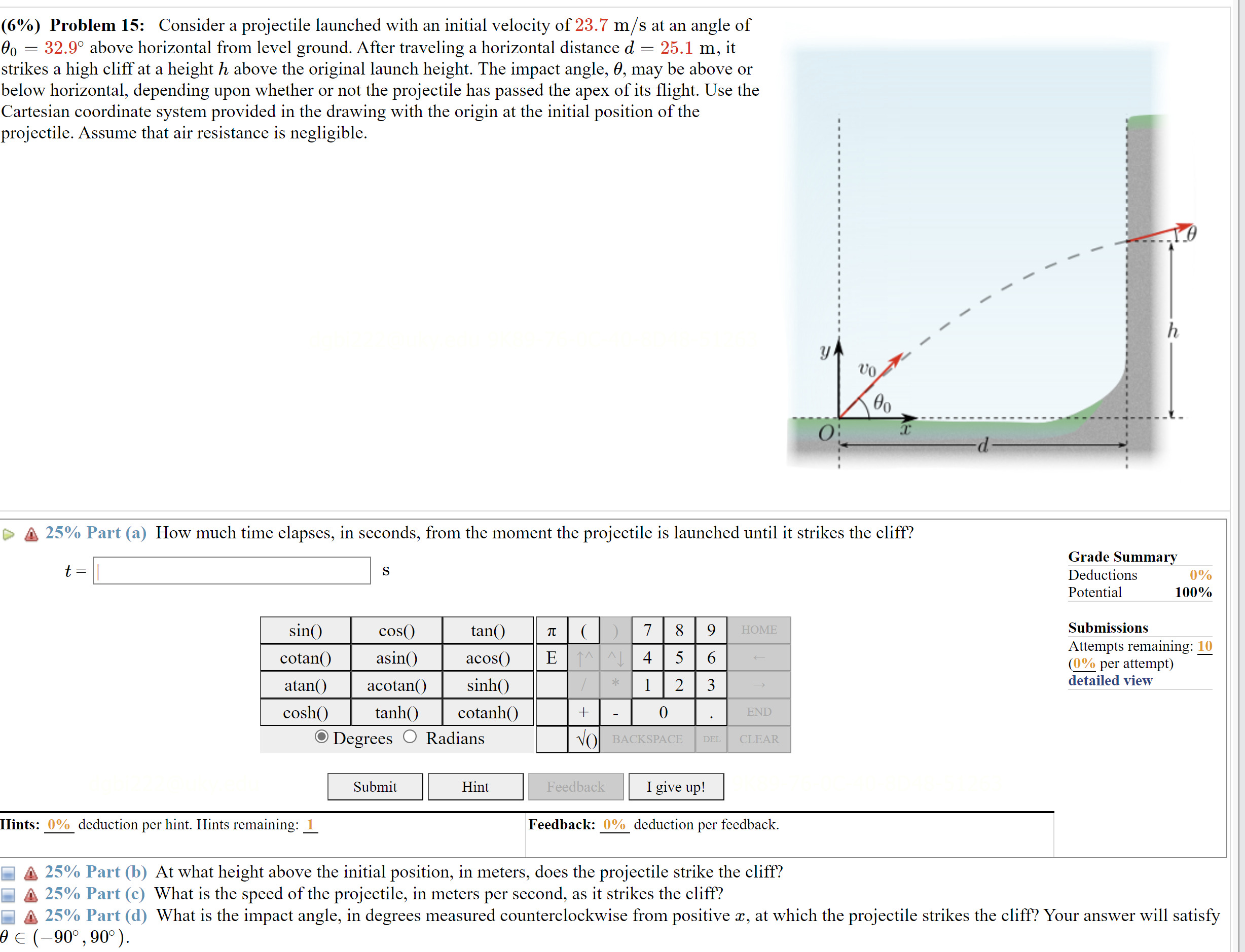 Solved (6%) ﻿Problem 15: Consider a projectile launched with | Chegg.com
