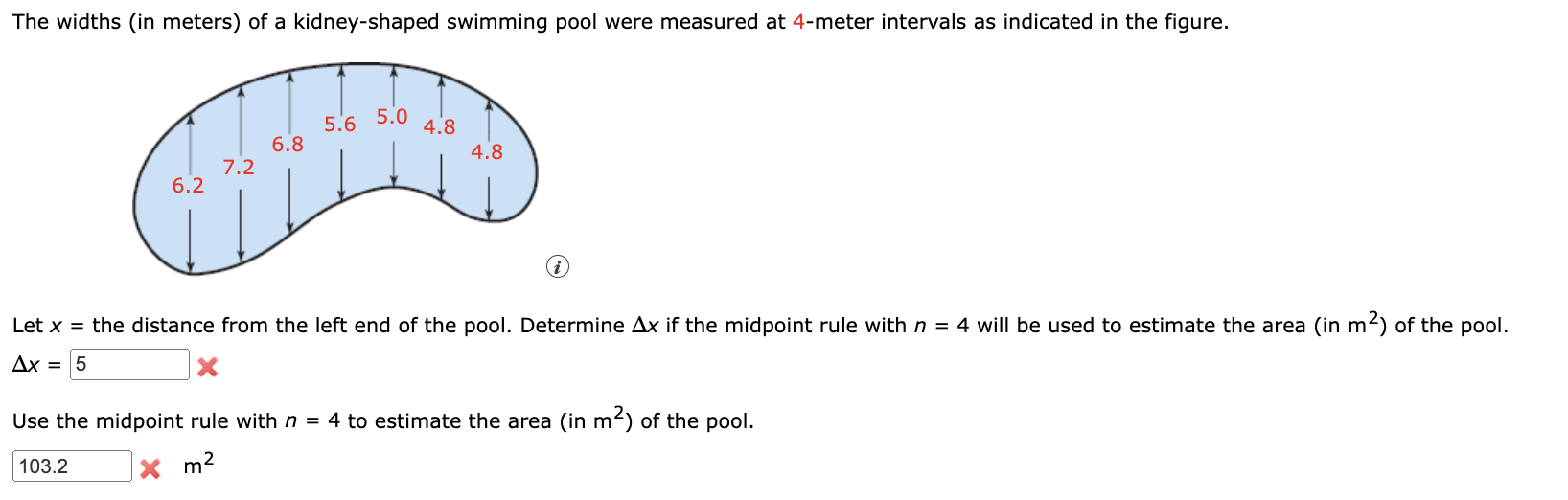 Solved The widths (in meters) ﻿of a kidney-shaped swimming | Chegg.com
