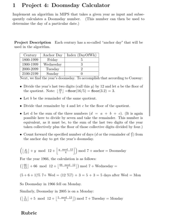 1 Project 4: Doomsday Calculator Implement an | Chegg.com