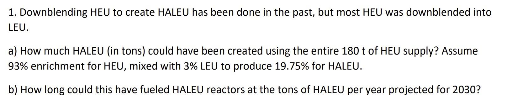 Solved 1. Downblending HEU to create HALEU has been done in | Chegg.com