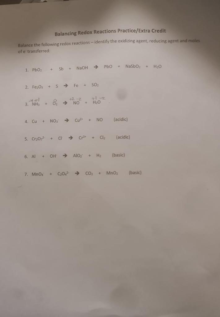Solved Balancing Redox Reactions Practice/Extra Credit | Chegg.com