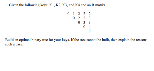 Solved 1. Given the following keys: K1, K2, K3, and K4 and | Chegg.com