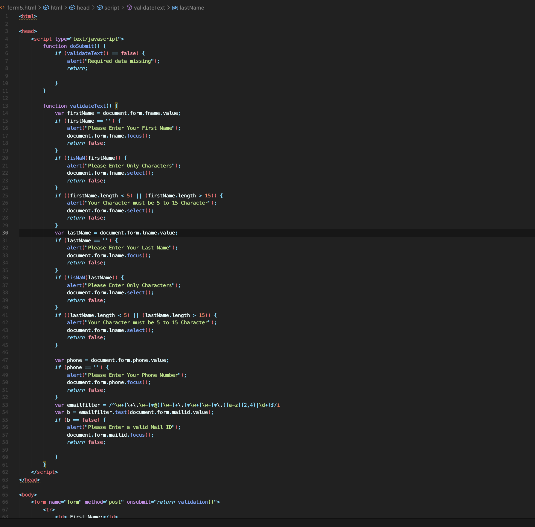 Solved form5.html >⊗ html >⊗ head >⊗ script >⊗ validateText | Chegg.com