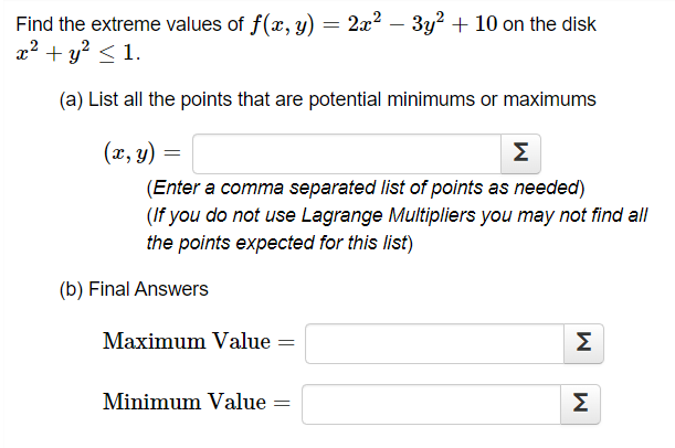 Solved Find the extreme values of f(x,y)=2x2−3y2+10 on the | Chegg.com