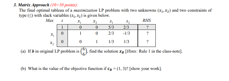 3. Matrix Approach (10+10 points): The final optimal | Chegg.com