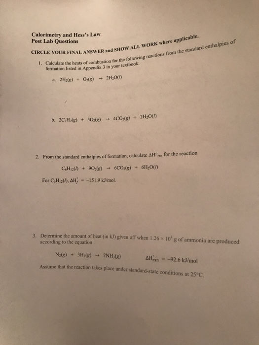 Solved Calorimetry and Hess's Law Post Lab Questions WER and | Chegg.com