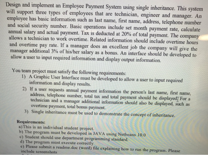 Solved Design and implement an Employee Payment System using | Chegg.com