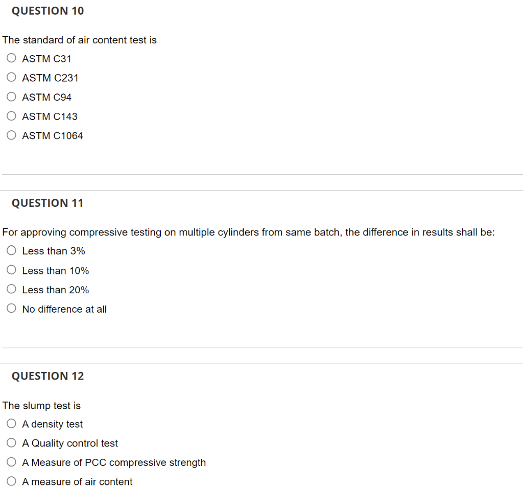Solved QUESTION 10 The standard of air content test is ASTM | Chegg.com