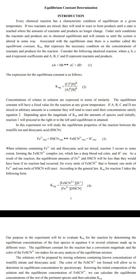 Solved Equilibrium Constant Determination INTRODUCTION Every | Chegg.com