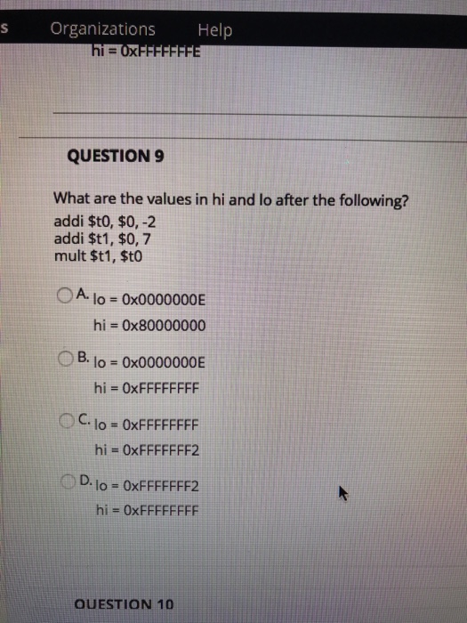 Solved s Organizations Help QUESTION 9 What are the values | Chegg.com