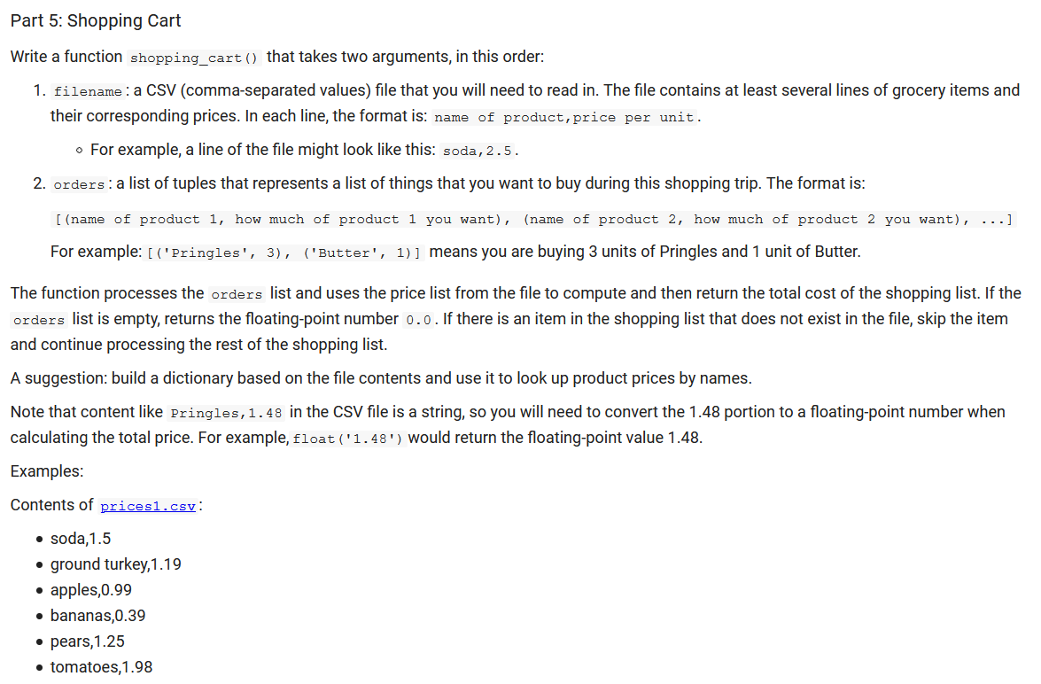 Solved Part 5: Shopping Cart Write a function | Chegg.com