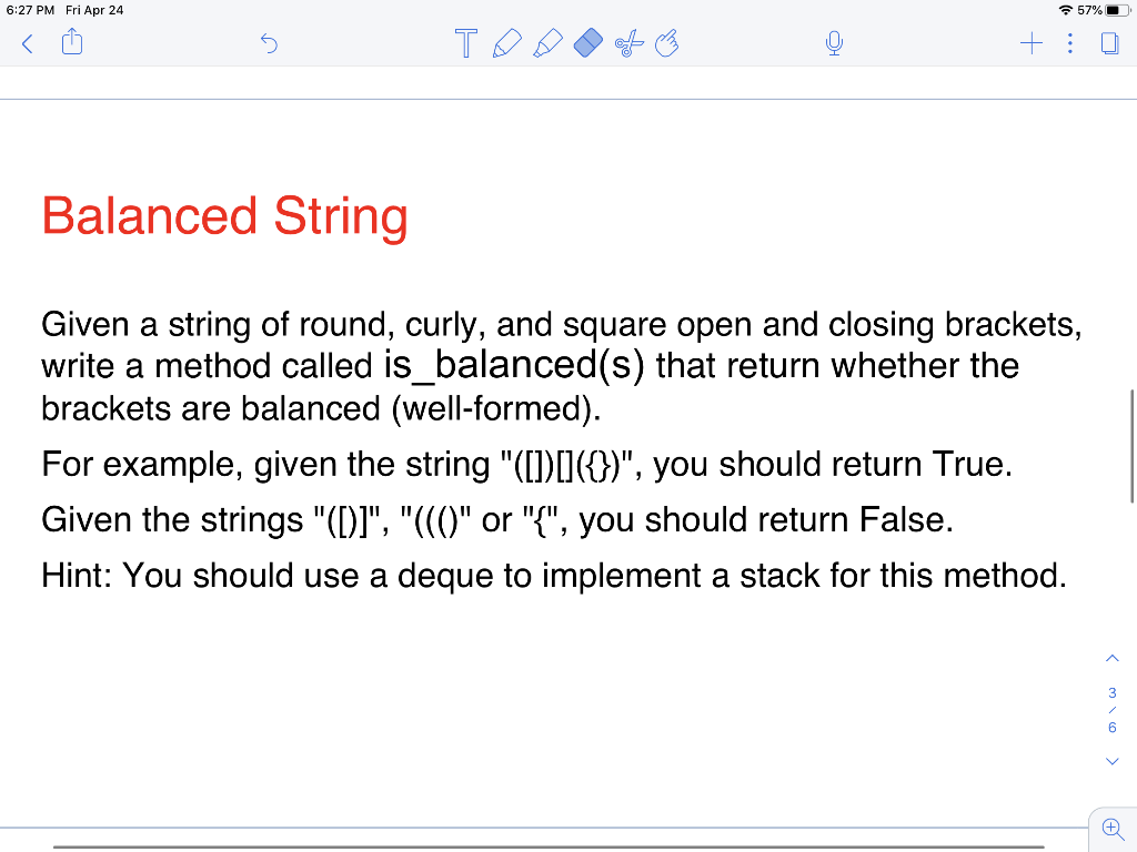 Solved 6:27 PM Fri Apr 24 57% TORO+ 0 +10 Balanced String | Chegg.com