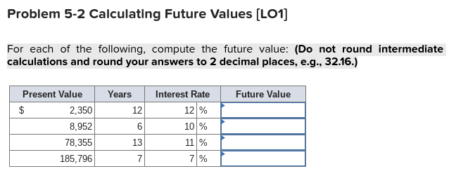 Solved Problem 5-2 Calculating Future Values [LO1] For each | Chegg.com