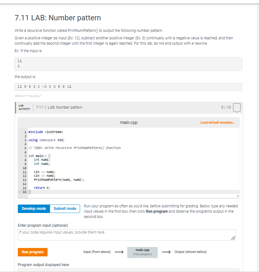 Solved 7.11 LAB: Number pattern Write a recursive function | Chegg.com