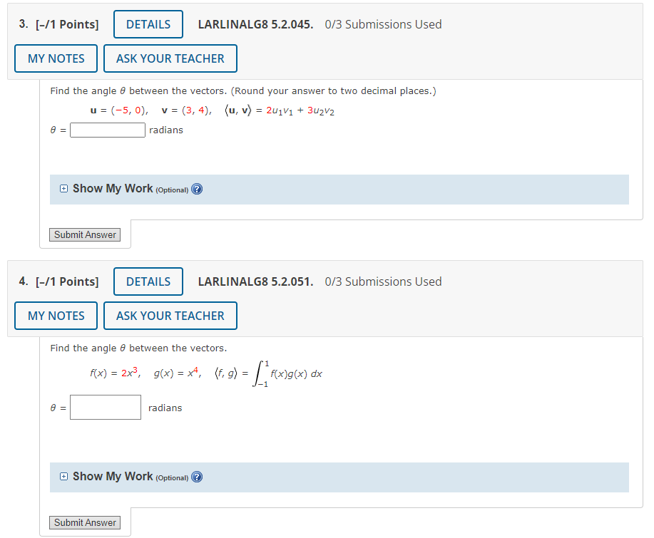 Solved u=(−5,0),v=(3,4), u,v =2u1v1+3u2v2θ= radians Show My | Chegg.com