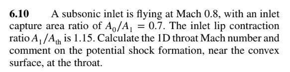 6.10 A subsonic inlet is flying at Mach 0.8, with an | Chegg.com