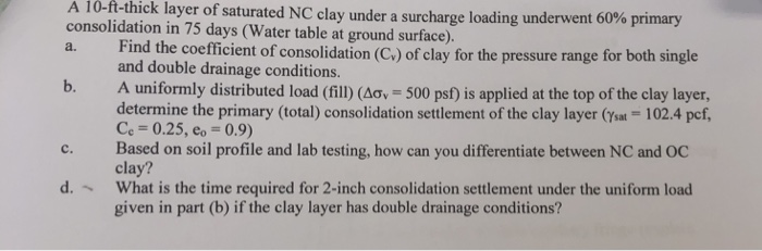 Solved 10 ft thick layer of saturated NC clay under a | Chegg.com