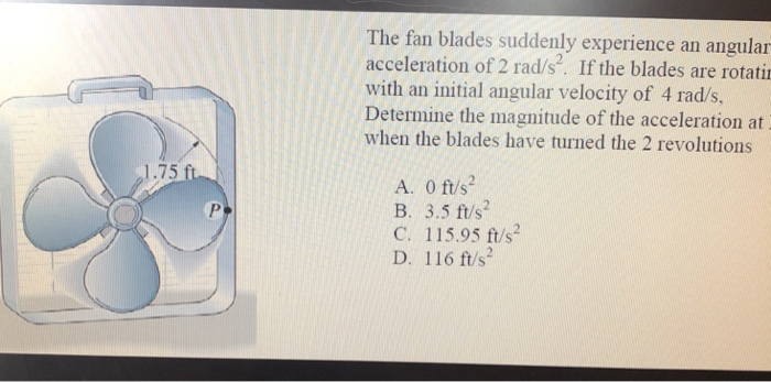 Solved The fan blades suddenly experience an angular | Chegg.com