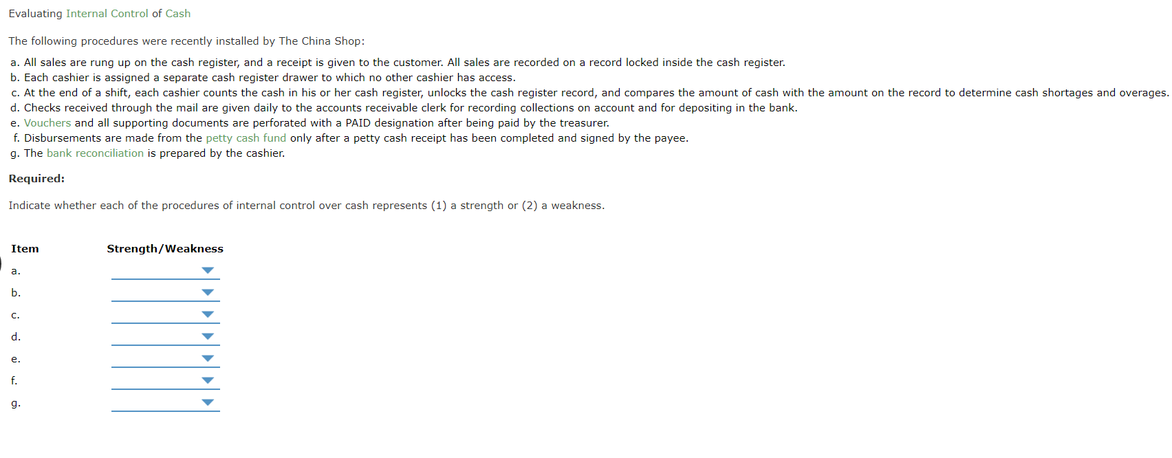 Solved Evaluating Internal Control of Cash The following | Chegg.com