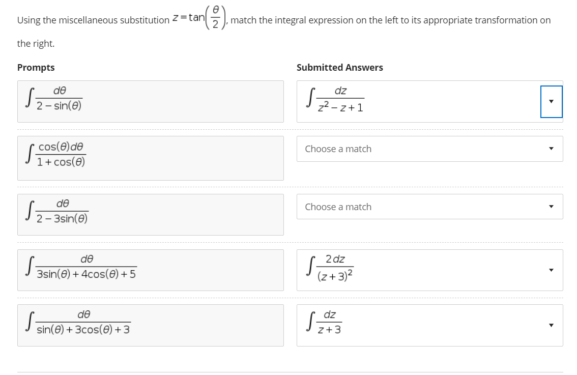 Solved Using the miscellaneous substitution Z=tan match the | Chegg.com