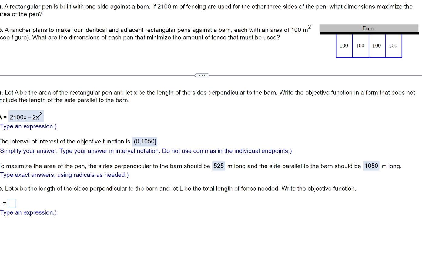 Solved . ﻿Let A be the area of the rectangular pen and let x | Chegg.com