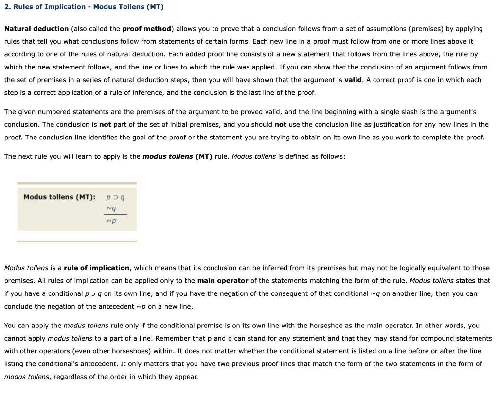 Solved 2. Rules of Implication - Modus Tollens (MT) Natural | Chegg.com