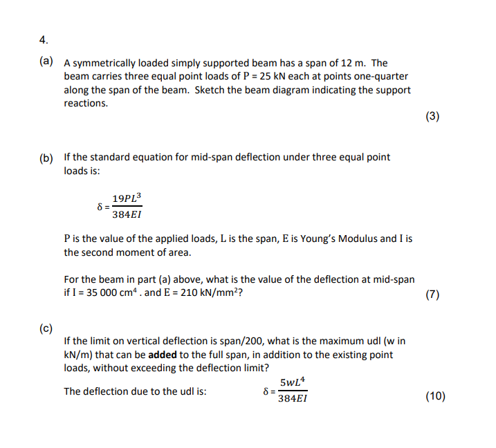 Solved (a) A symmetrically loaded simply supported beam has | Chegg.com