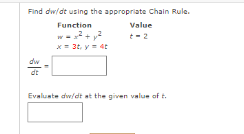 Solved Find dw/dt using the appropriate Chain Rule. Function | Chegg.com