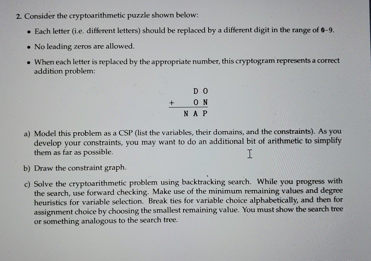 2. Consider the cryptoarithmetic puzzle shown below: | Chegg.com