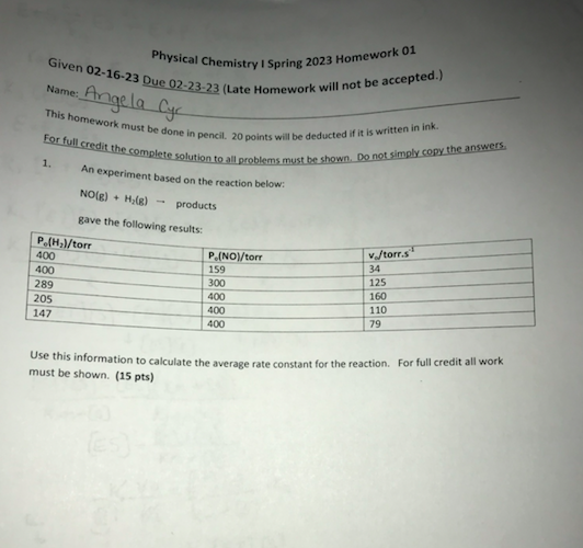 Solved Physical Chemistry I Spring 2023 Homework 01 Given | Chegg.com