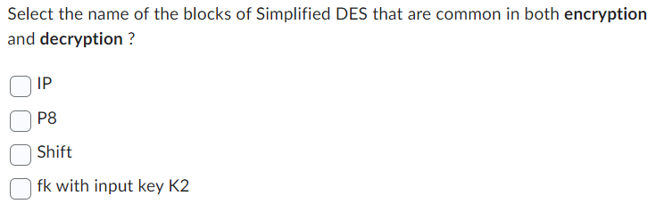 Select the name of the blocks of Simplified DES that | Chegg.com