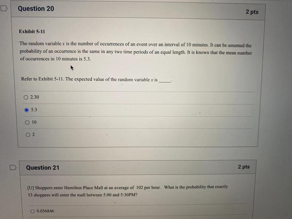 Solved Question 20 2 pts Exhibit 5-11 The random variable x | Chegg.com