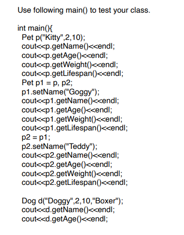 Solved c++ Please Define a Pet class that stores the pet’s | Chegg.com