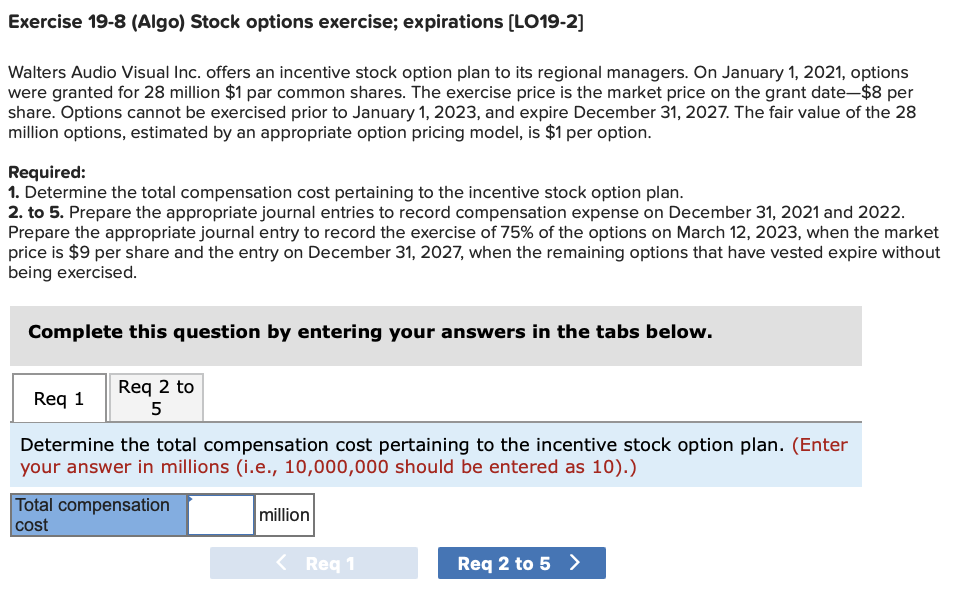 Solved Exercise 19-8 (Algo) Stock options exercise; | Chegg.com