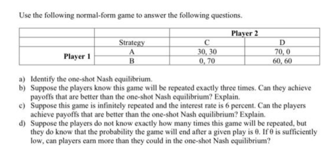 Solved Use the following normal-form game to answer the | Chegg.com