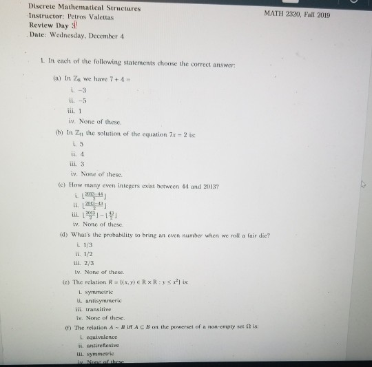 Solved MATH 2320, Fall 2019 Discrete Mathematical Structures | Chegg.com