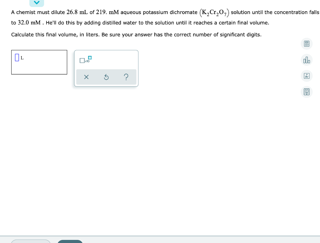 Solved A chemist must dilute 26.8 mL of 219. mM aqueous | Chegg.com