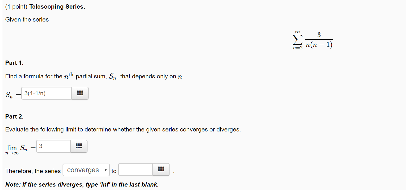 Solved (1 point) Telescoping Series. Given the series | Chegg.com