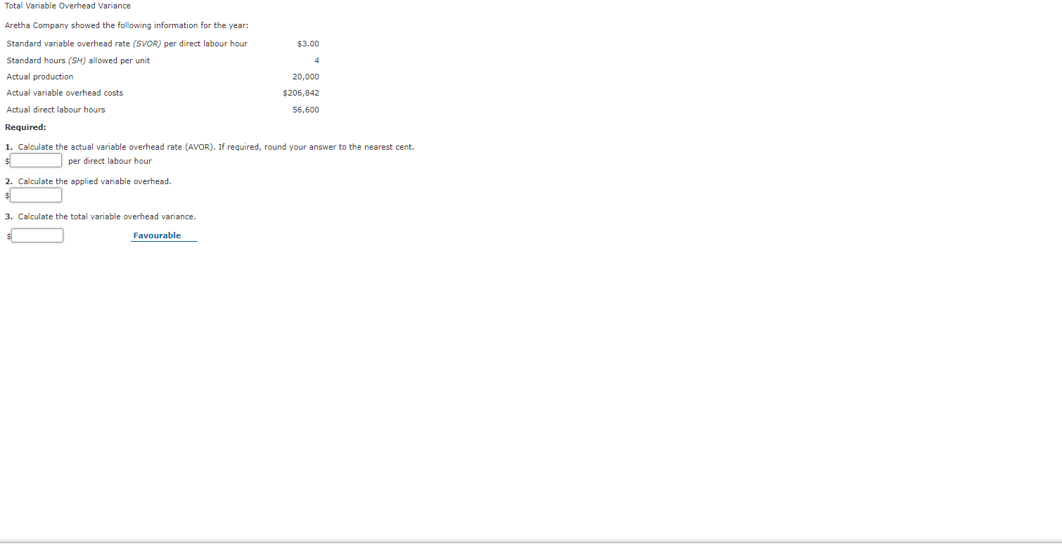 Solved Total Variable Overhead Variance Aretha Company | Chegg.com