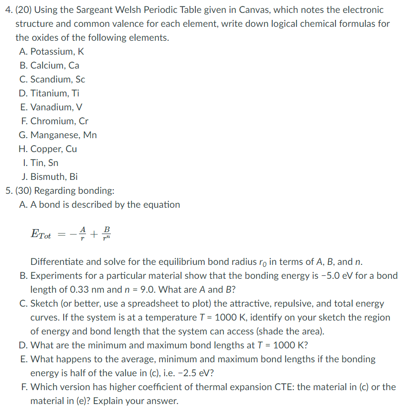 Solved 4. (20) Using the Sargeant Welsh Periodic Table given | Chegg.com