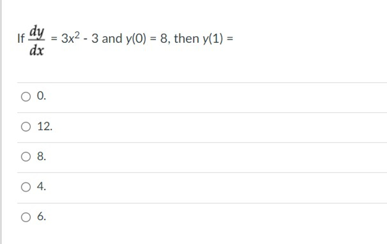 Solved If dydx=3x2-3 ﻿and y(0)=8, ﻿then y(1)= | Chegg.com