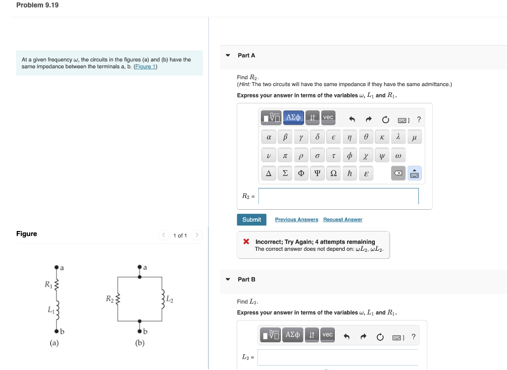 [Solved]: At a given frequency ( omega ), the circuits