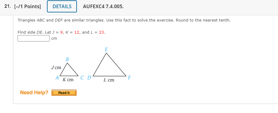 Solved 21. [-/1 Points] DETAILS AUFEXC4 7.4.005. Triangles | Chegg.com