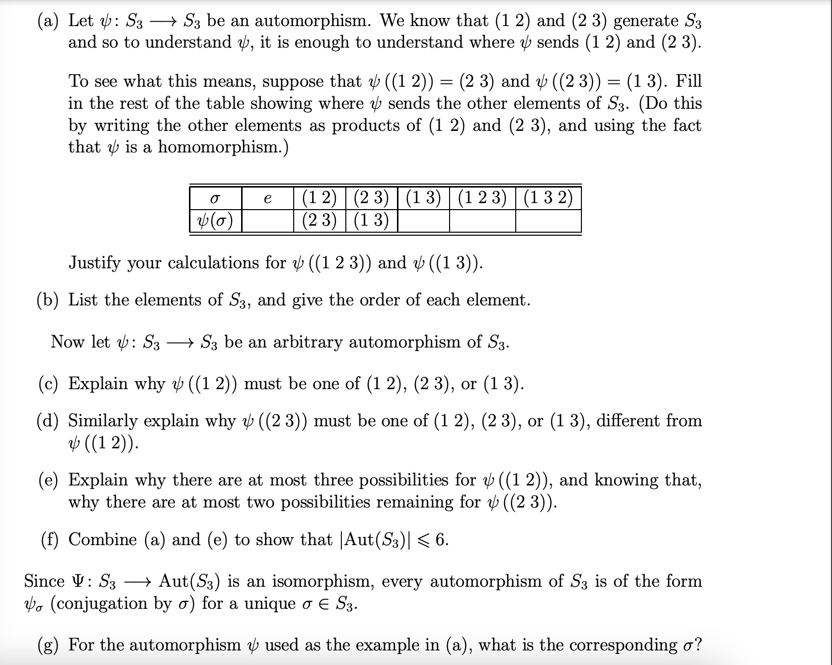 Solved (a) Let ψ:S3 S3 be an automorphism. We know that (1 2 | Chegg.com