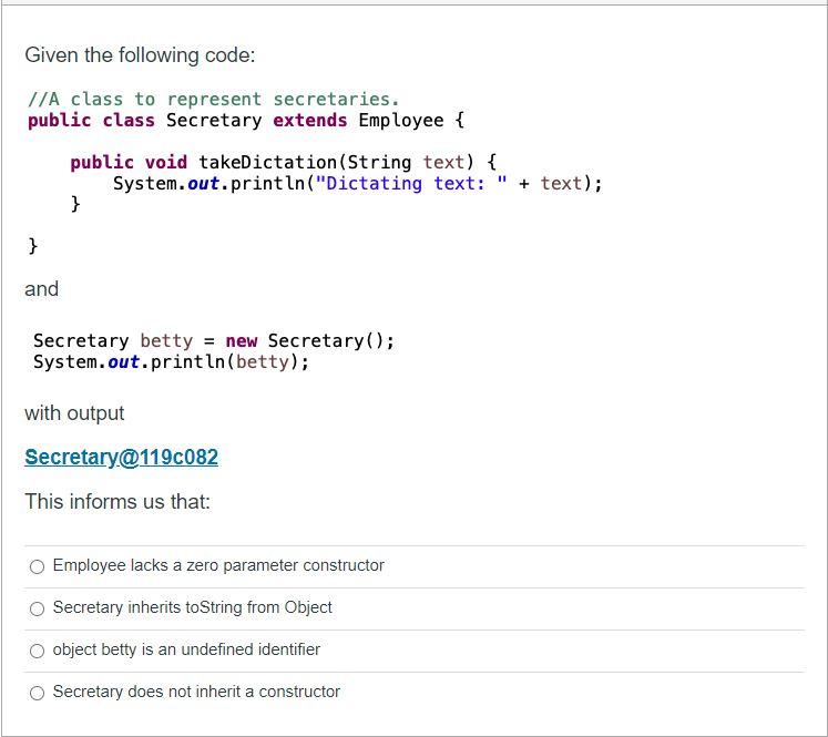 Solved Given the following code: I/A class to represent | Chegg.com