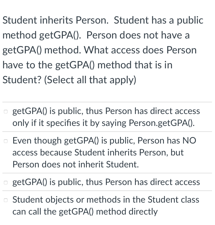 Solved Student inherits Person. Student has a public method | Chegg.com